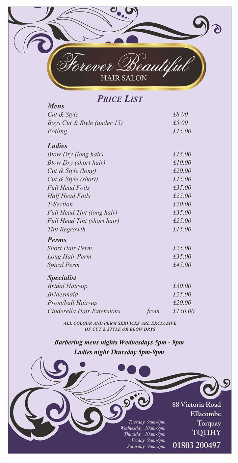 Hair Salon Prices List and Menu Design Ideas