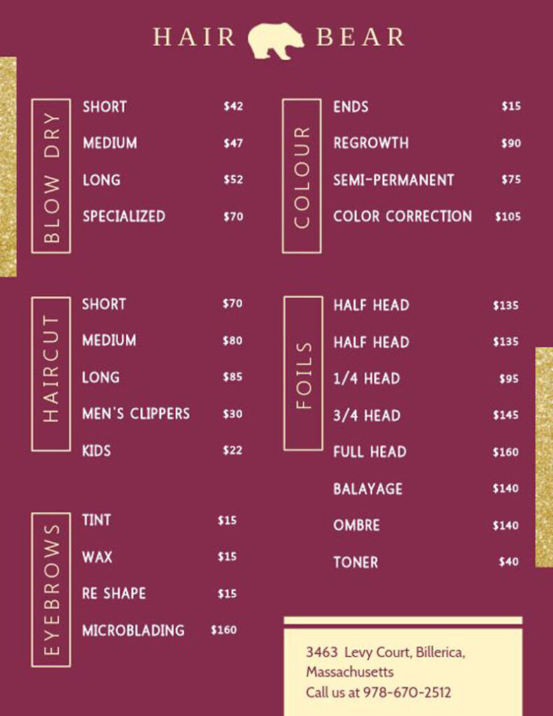 Hair Salon Prices List and Menu Design Ideas