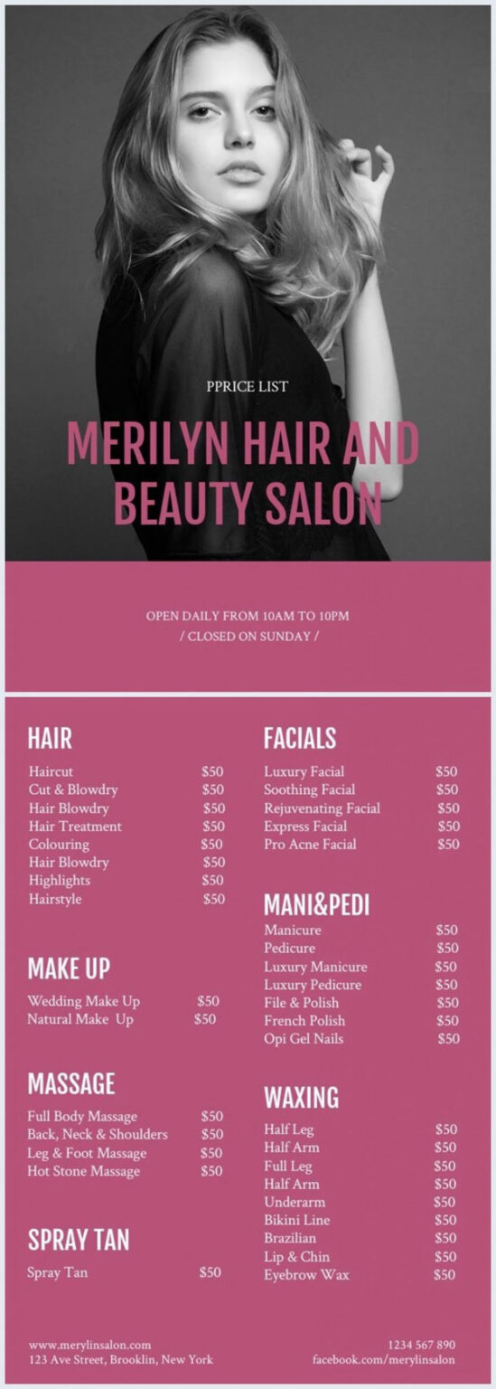 Hair Salon Prices List and Menu Design Ideas