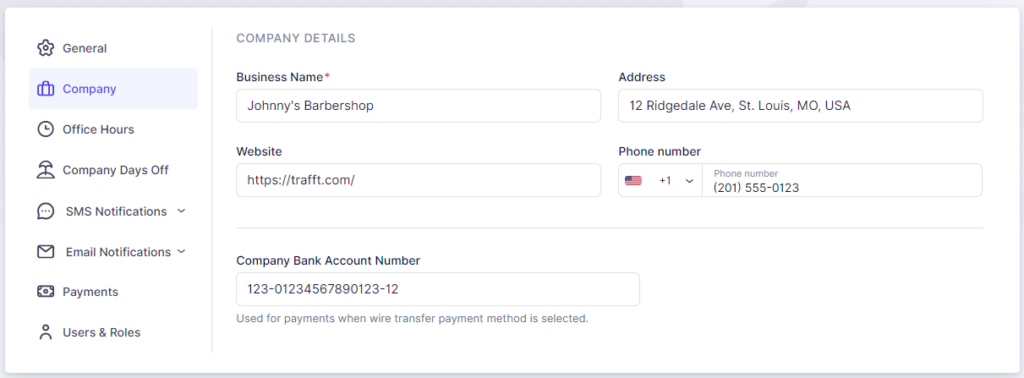 Company Settings - Trafft